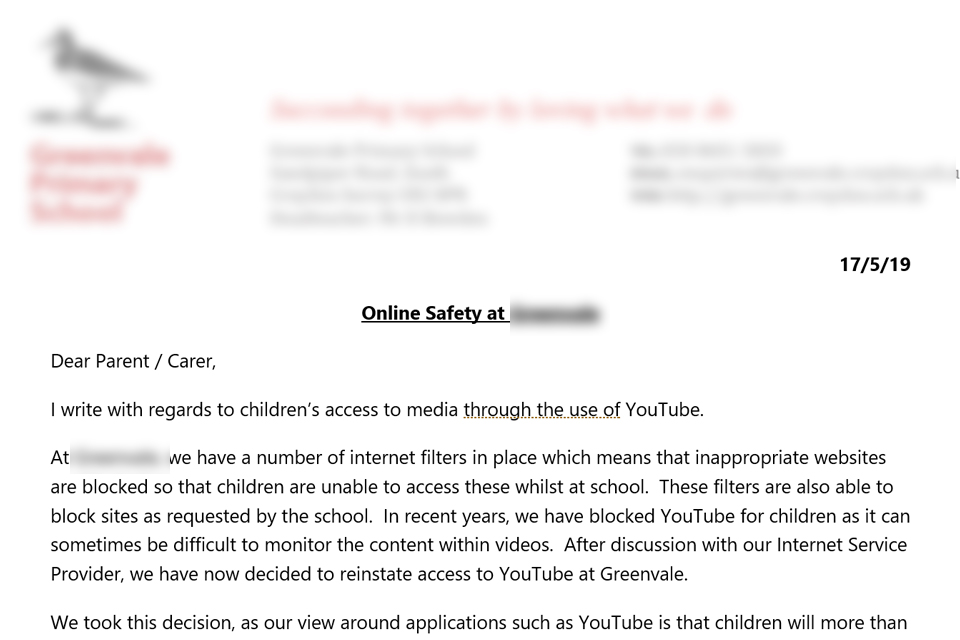 Online safety letter home to parents…